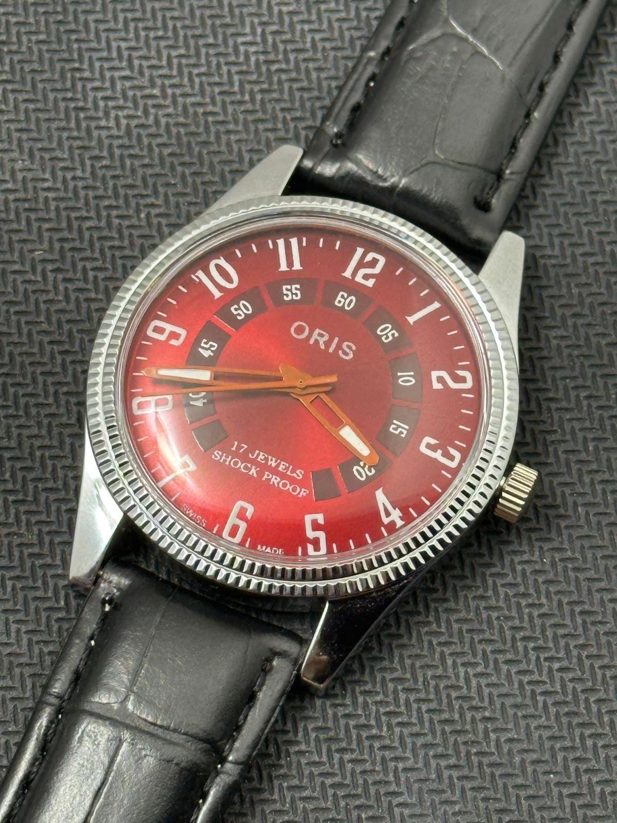 Rare Vintage ORIS Red Dial Hand Winding FHF Movement ST-96 Swiss Mens ...