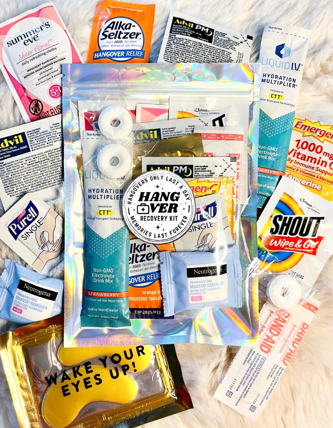 Hangover Kit Fully Assembled Clear Holographic Bag | Self Care Kit for ...