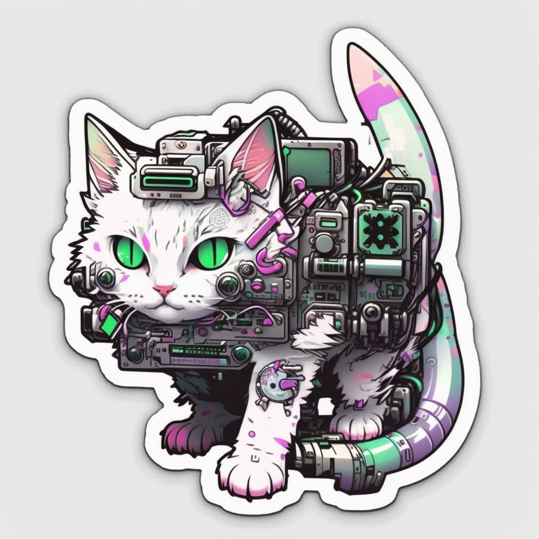 Cyberpunk Cat Kitten Hacker Mods Futuristic Digital Sticker - Etsy
