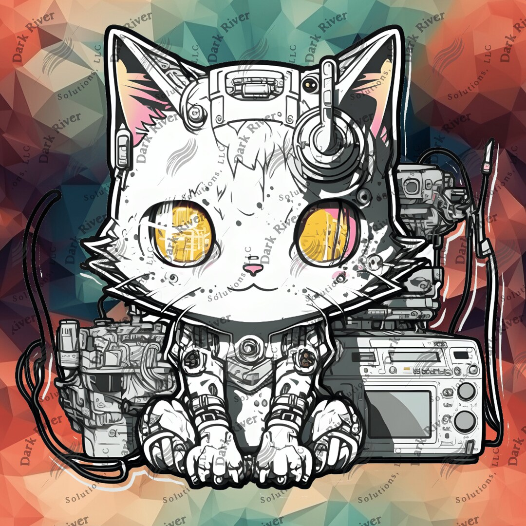 Cyberpunk Cute Cat Hacker Robot Mods Futuristic Digital Sticker Decal ...