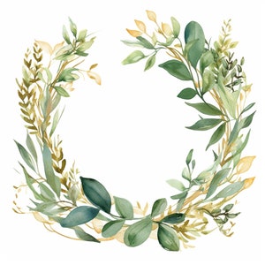 Enchanting Watercolor Greenery Gold Round Frame 3, Delicate Leaves ...