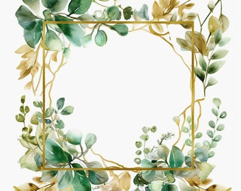 Enchanting Watercolor Greenery Gold Round Frame 2, Delicate Leaves ...
