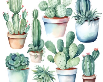 Cactus Potted Succulent Clipart Set 2 - Watercolor Botanical Home ...