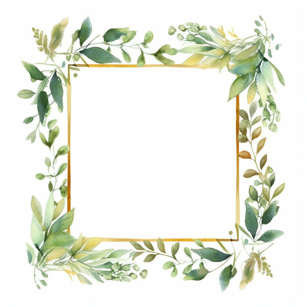 Enchanting Watercolor Greenery Gold Square Frame 3, Delicate Leaves ...