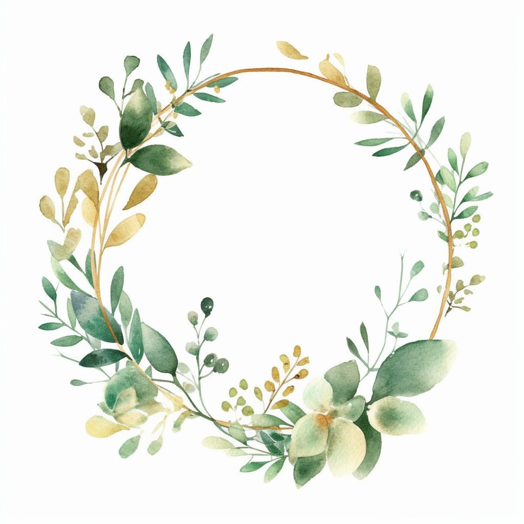 Enchanting Watercolor Greenery Gold Round Frame 2, Delicate Leaves ...