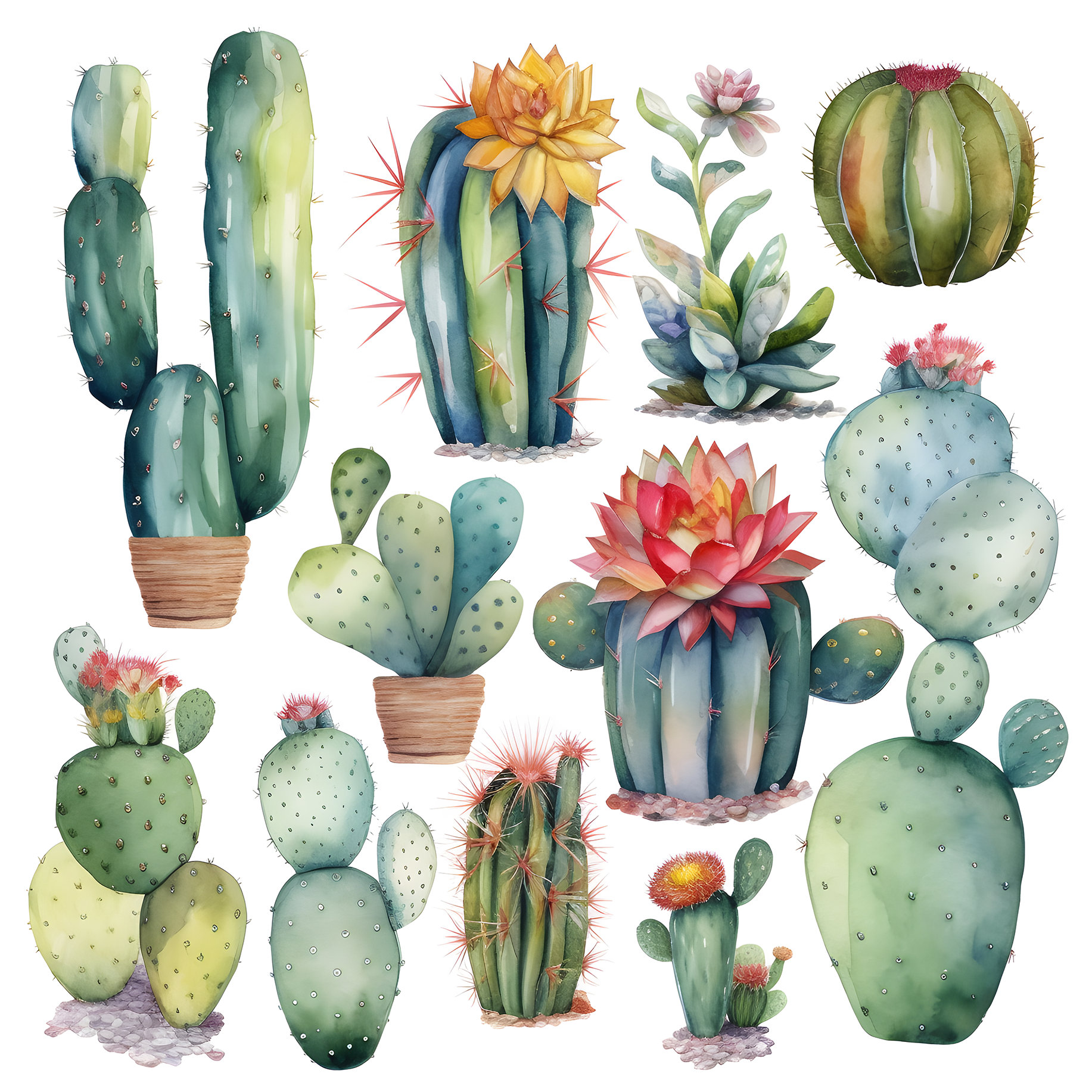 Cactus Potted Succulent Clipart Set 7 Watercolor Botanical Home Garden ...