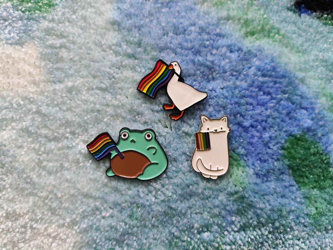 Cute Animal Pins Holding Rainbow Flag - Goose - Cat - Frog - Pride ...