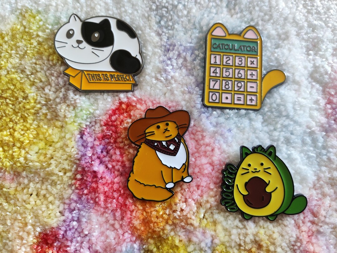 Lots of Funny Cat Enamel Pins Cat in a Box Catculator Cowboy Cat ...