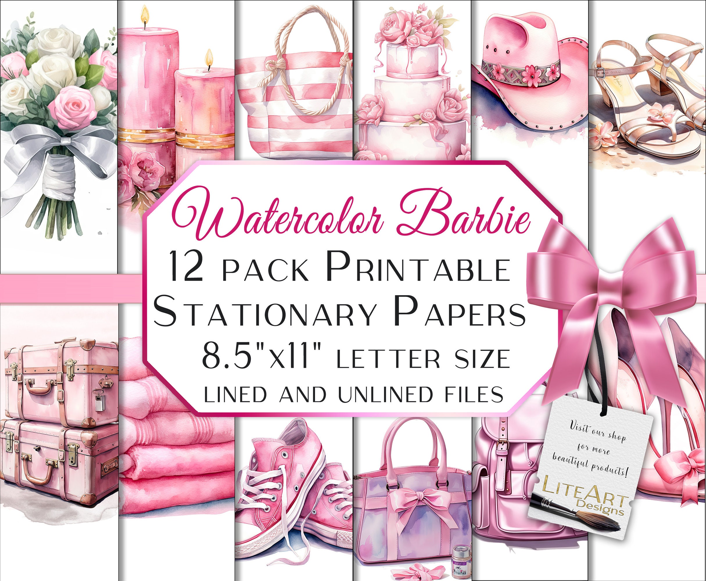 Watercolor Barbie Stationery, Pink Girls & Elements, 12 Designs ...