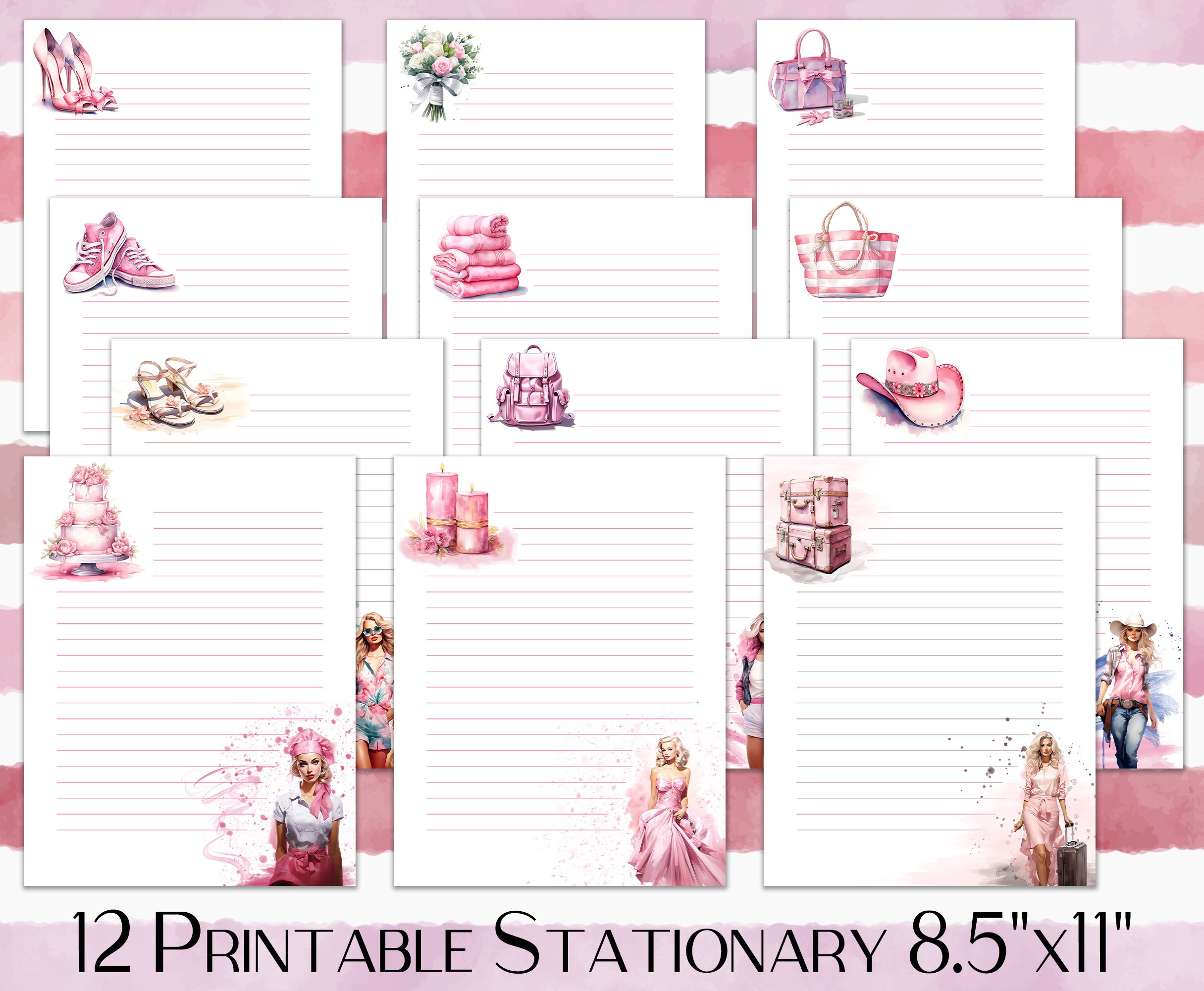 Watercolor Barbie Stationery, Pink Girls & Elements, 12 Designs ...