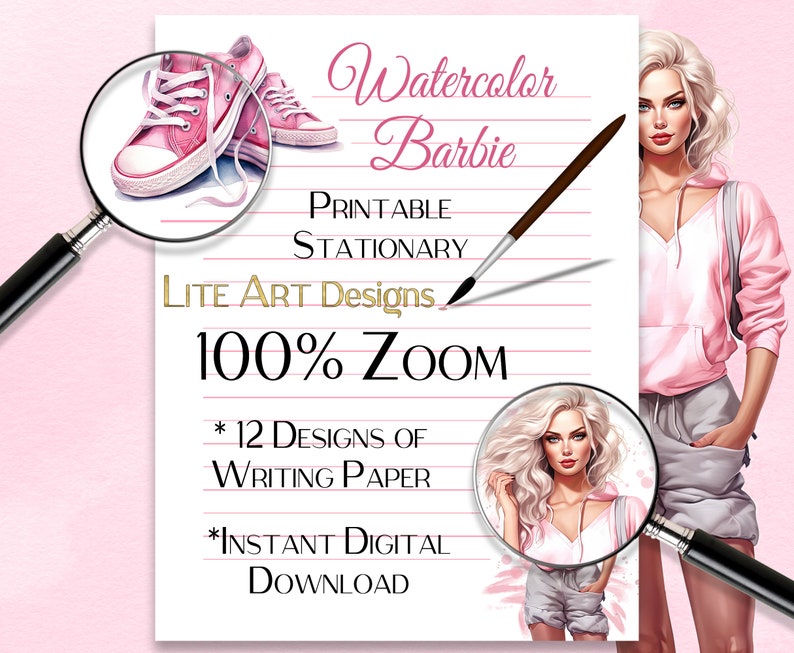 Watercolor Barbie Stationery, Pink Girls & Elements, 12 Designs ...
