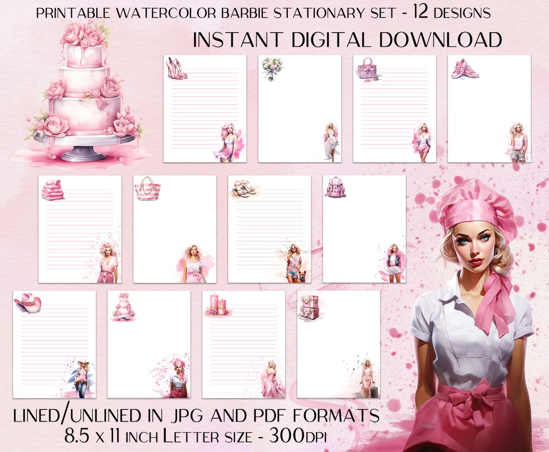 Watercolor Barbie Stationery, Pink Girls & Elements, 12 Designs ...