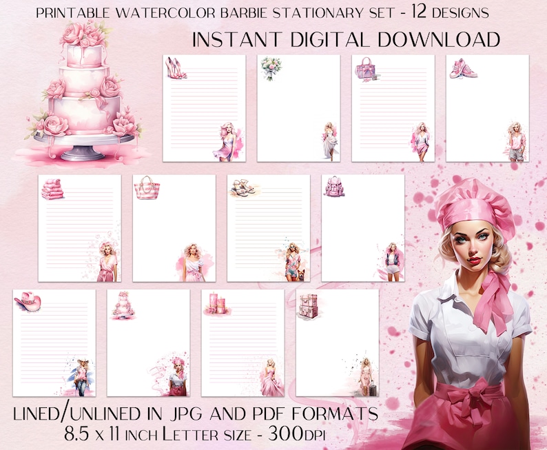 Watercolor Barbie Stationery, Pink Girls & Elements, 12 Designs ...
