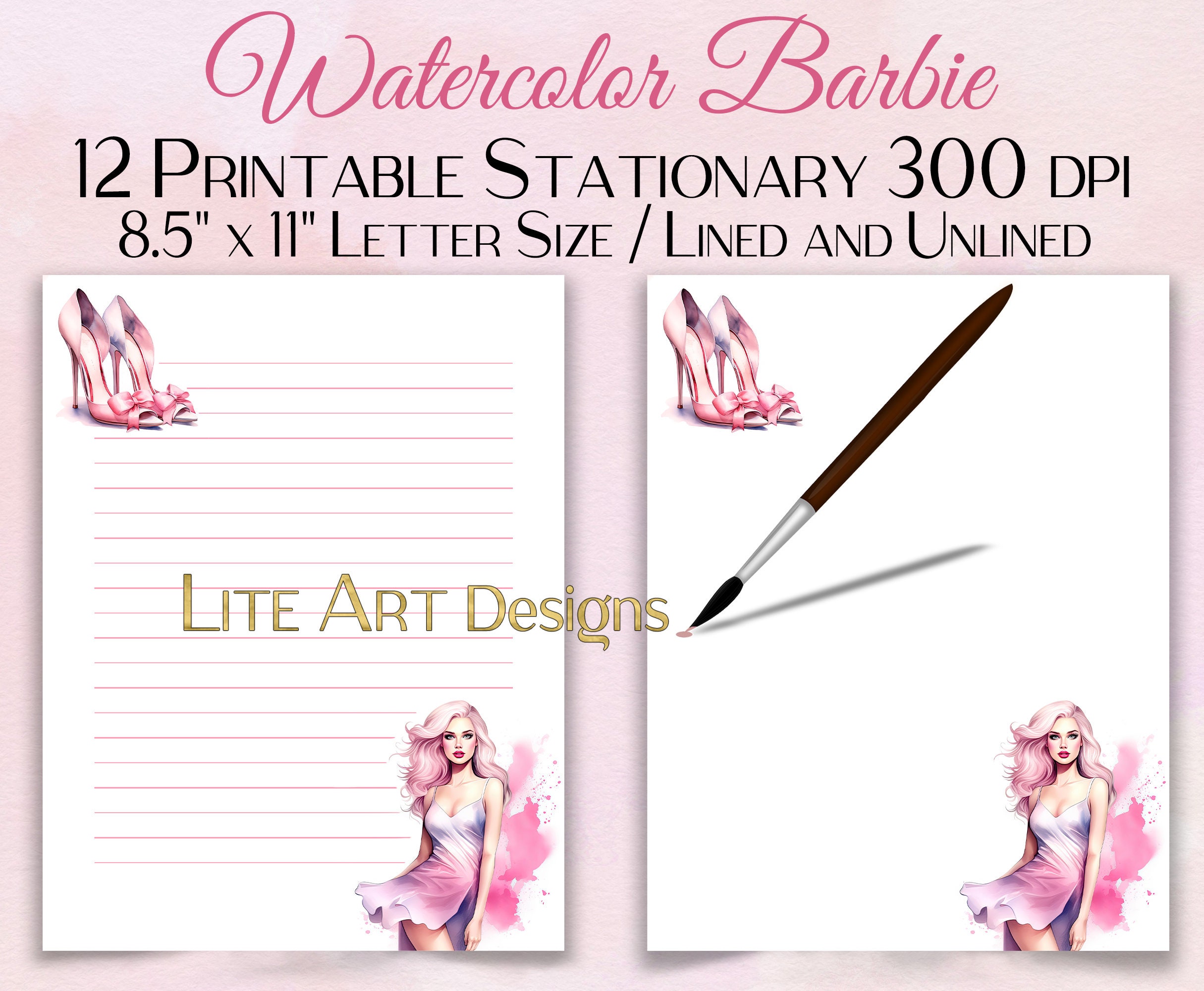 Watercolor Barbie Stationery, Pink Girls & Elements, 12 Designs ...