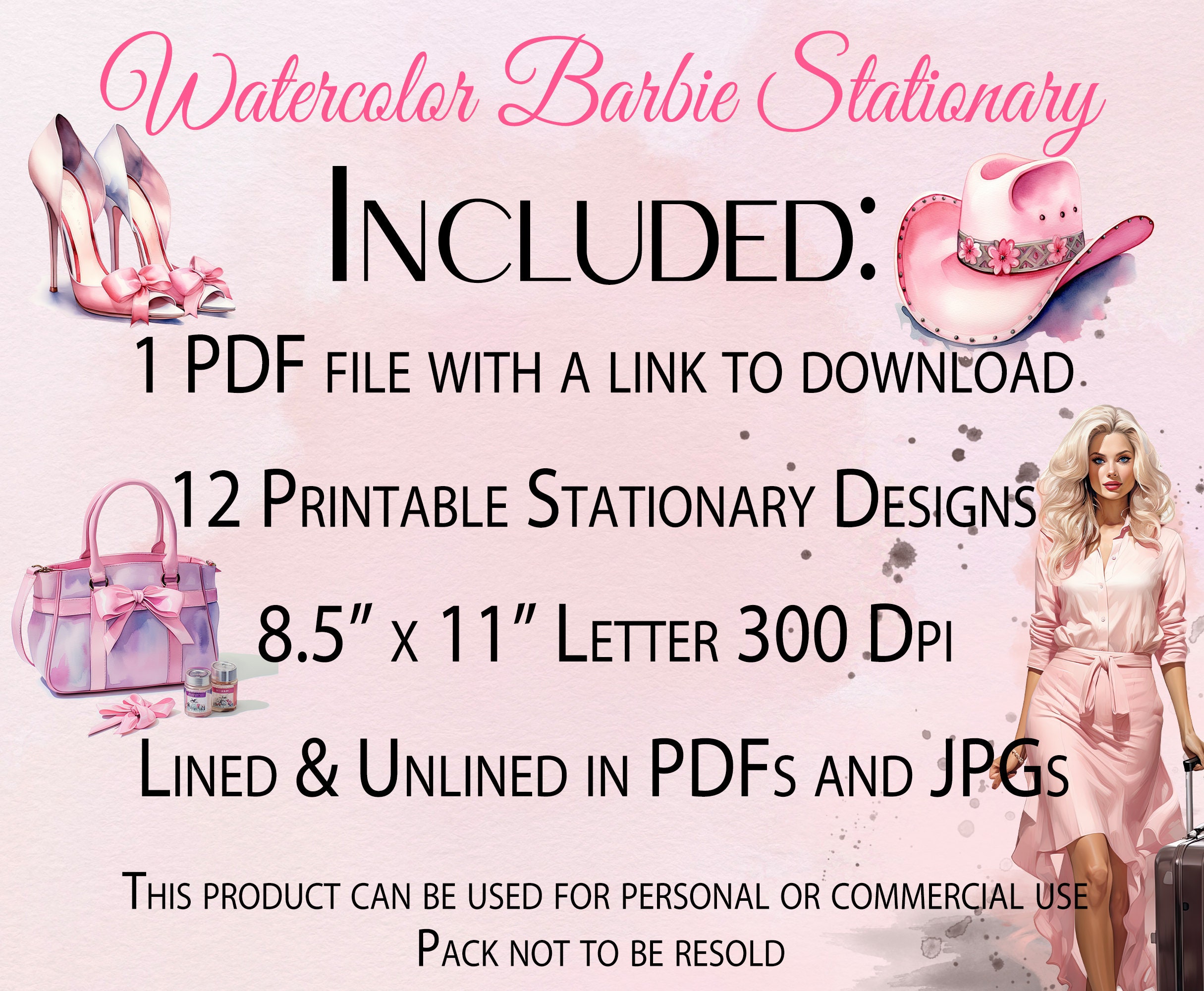 Watercolor Barbie Stationery, Pink Girls & Elements, 12 Designs ...