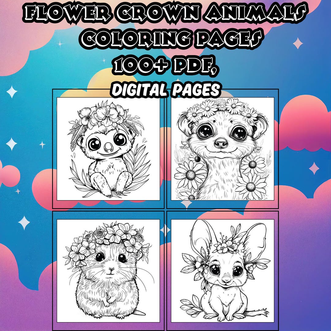 Flower Crown Animals Coloring 100+ Pages | Digital Download PDF Cute ...