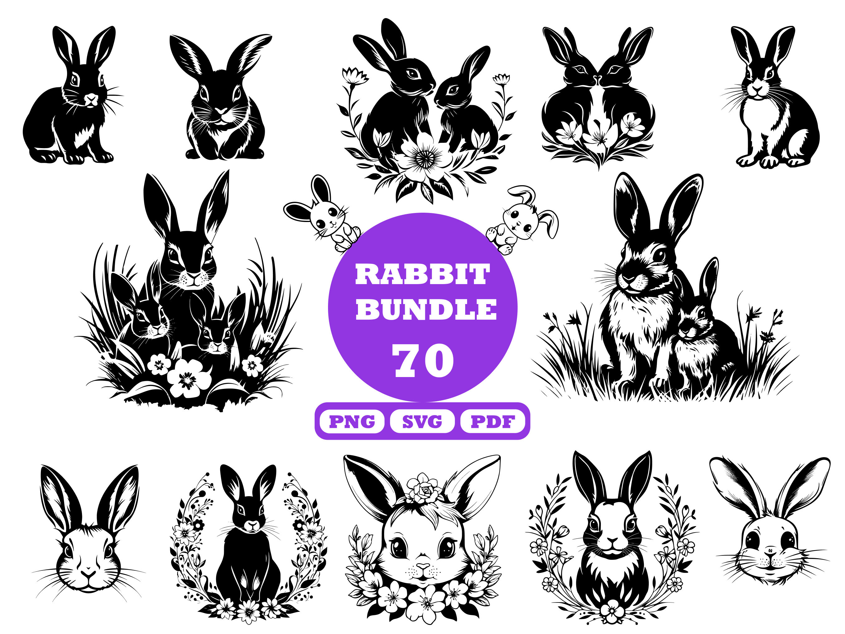 Floral Rabbit Svg, Floral Bunny Bundle, Bunny With Flower Svg, Rabbit ...