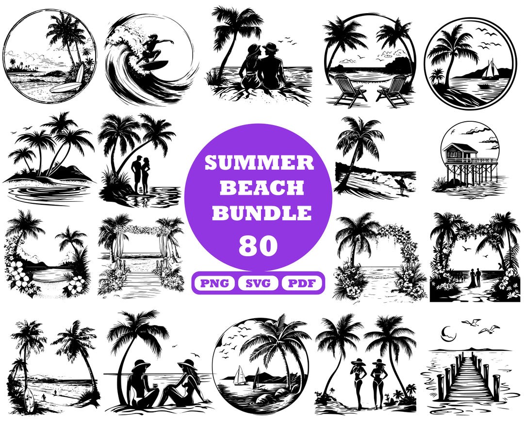 Summer Beach Scene SVG Bundle: Palm Trees, Surfing, Wedding Digital ...