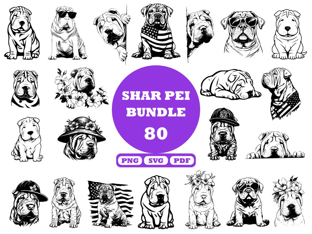 Shar Pei SVG Bundle: Puppy Clipart, Dog Silhouette Digital Files for ...