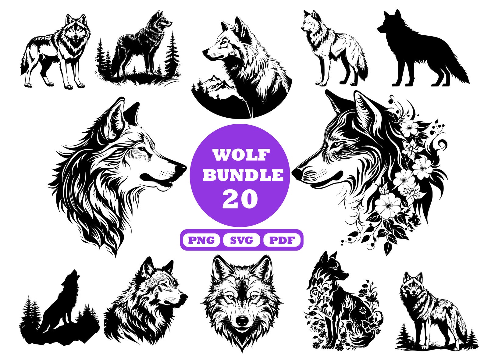 Wolf SVG Bundle, Howling Floral Wolf, Vector Animal Face Illustration ...