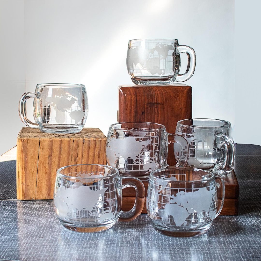 1970s Nescafe World Map Mugs, Clear Glass Nestles Promotional Coffee ...