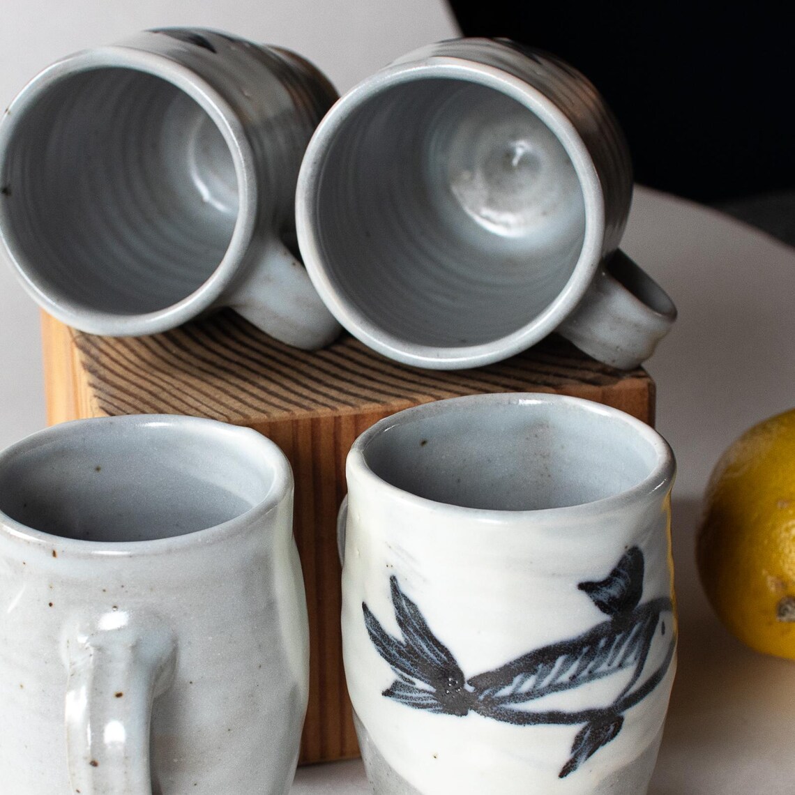 Studio Pottery Mugs, Gray and White Matte Glaze With Dark Blue Fish ...