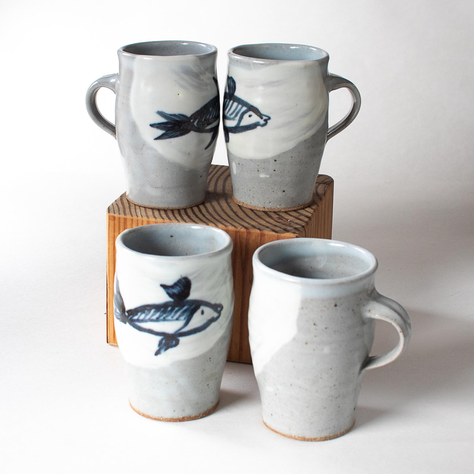 Studio Pottery Mugs, Gray and White Matte Glaze With Dark Blue Fish ...