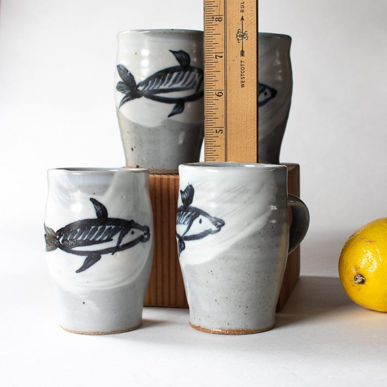 Studio Pottery Mugs, Gray and White Matte Glaze With Dark Blue Fish ...