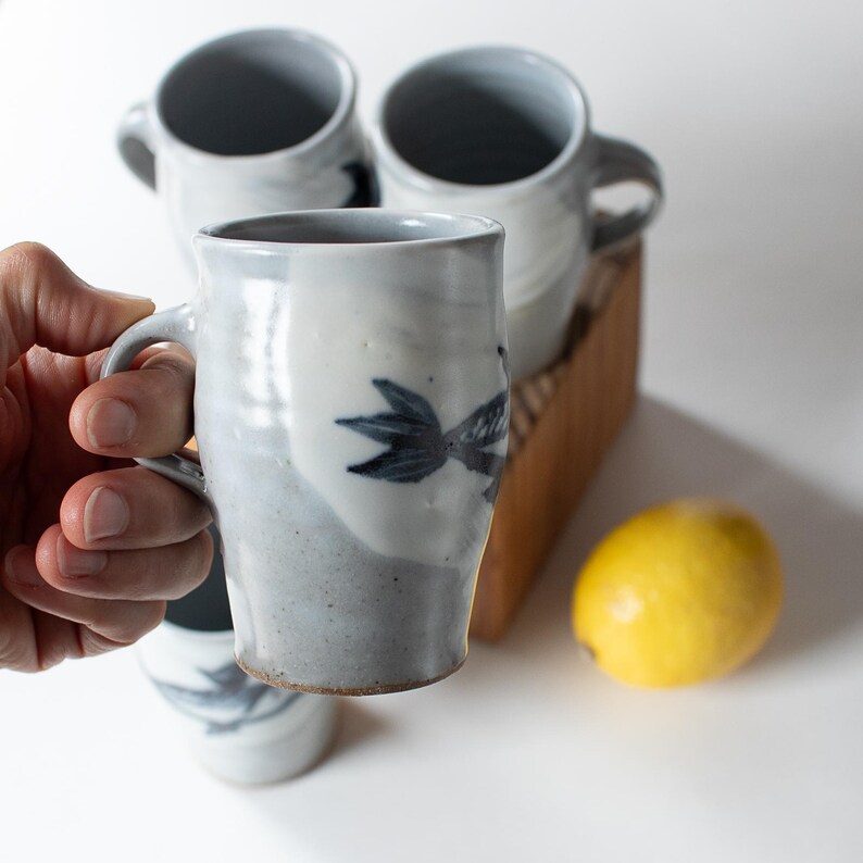 Studio Pottery Mugs, Gray and White Matte Glaze With Dark Blue Fish ...