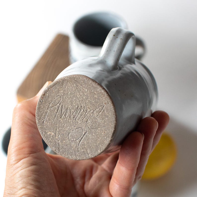 Studio Pottery Mugs, Gray and White Matte Glaze With Dark Blue Fish ...