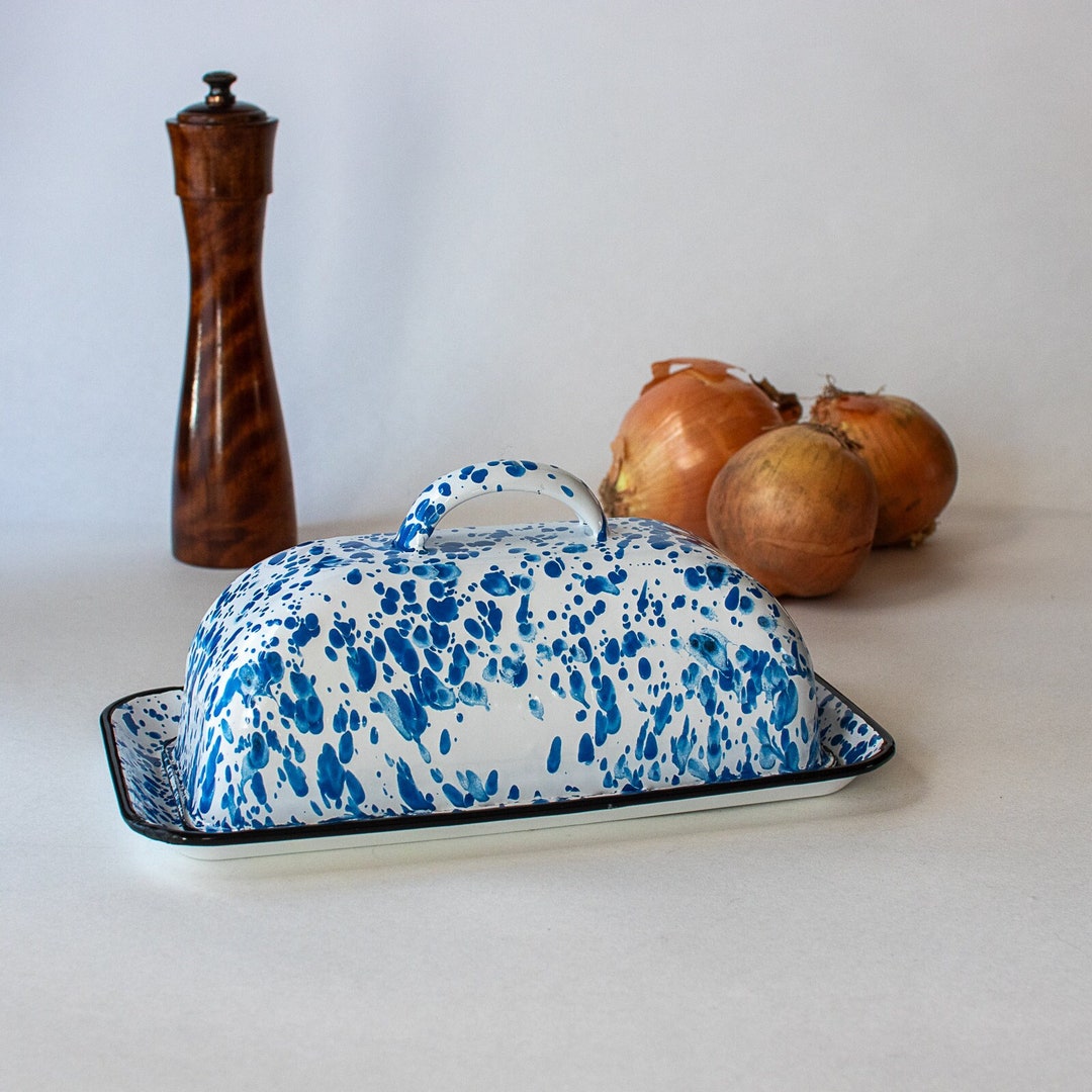 Large Enamel Splatterware Butter Dish, Blue and White Metal Butter ...