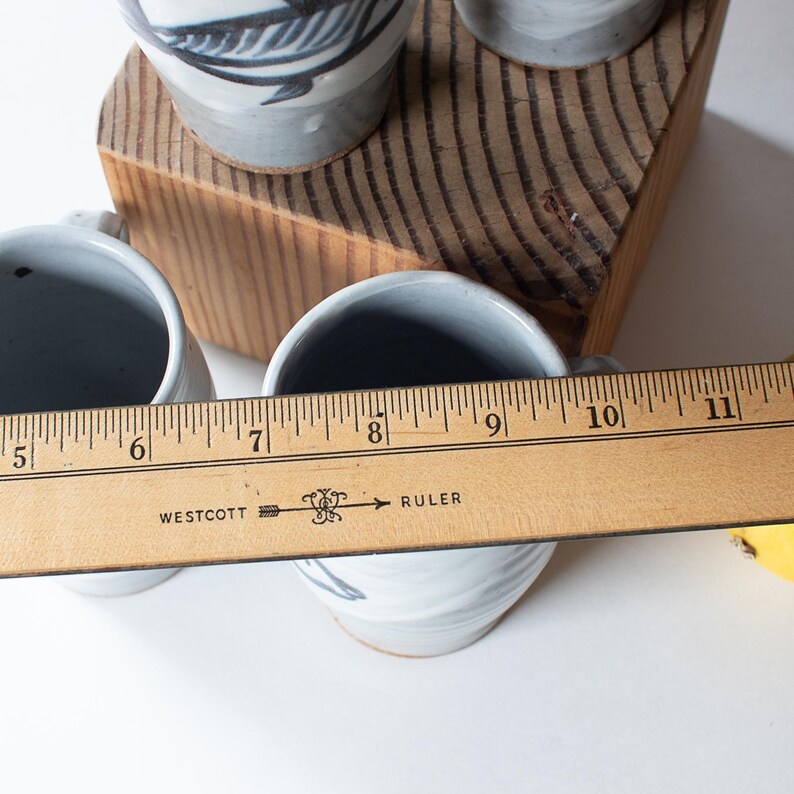 Studio Pottery Mugs, Gray and White Matte Glaze With Dark Blue Fish ...
