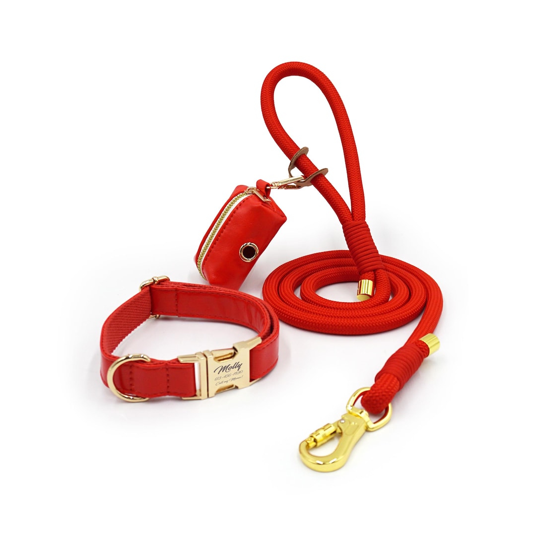 Red Leather Dog Collar and Lead Set | Personalized Dog Collar ...