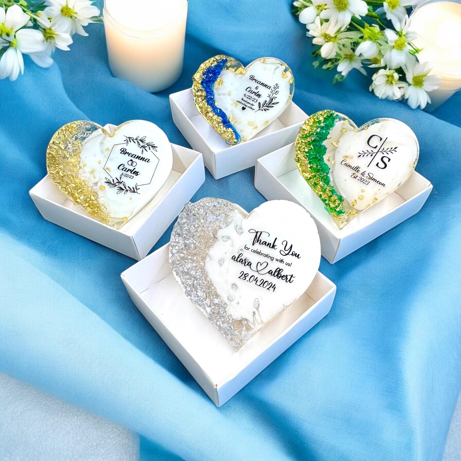 Heart Shaped Wedding Magnet Favors, Custom Design Embossed Resin Favors ...