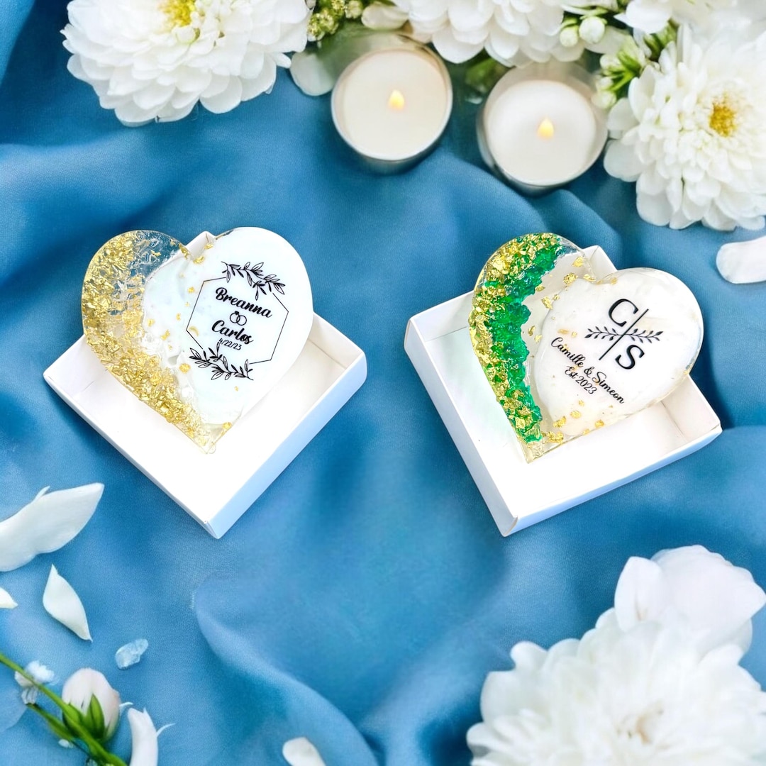 Heart Shaped Wedding Magnet Favors, Custom Design Embossed Resin Favors ...