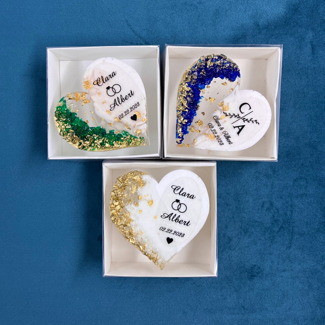 Heart Shaped Wedding Magnet Favors, Custom Design Embossed Resin Favors ...
