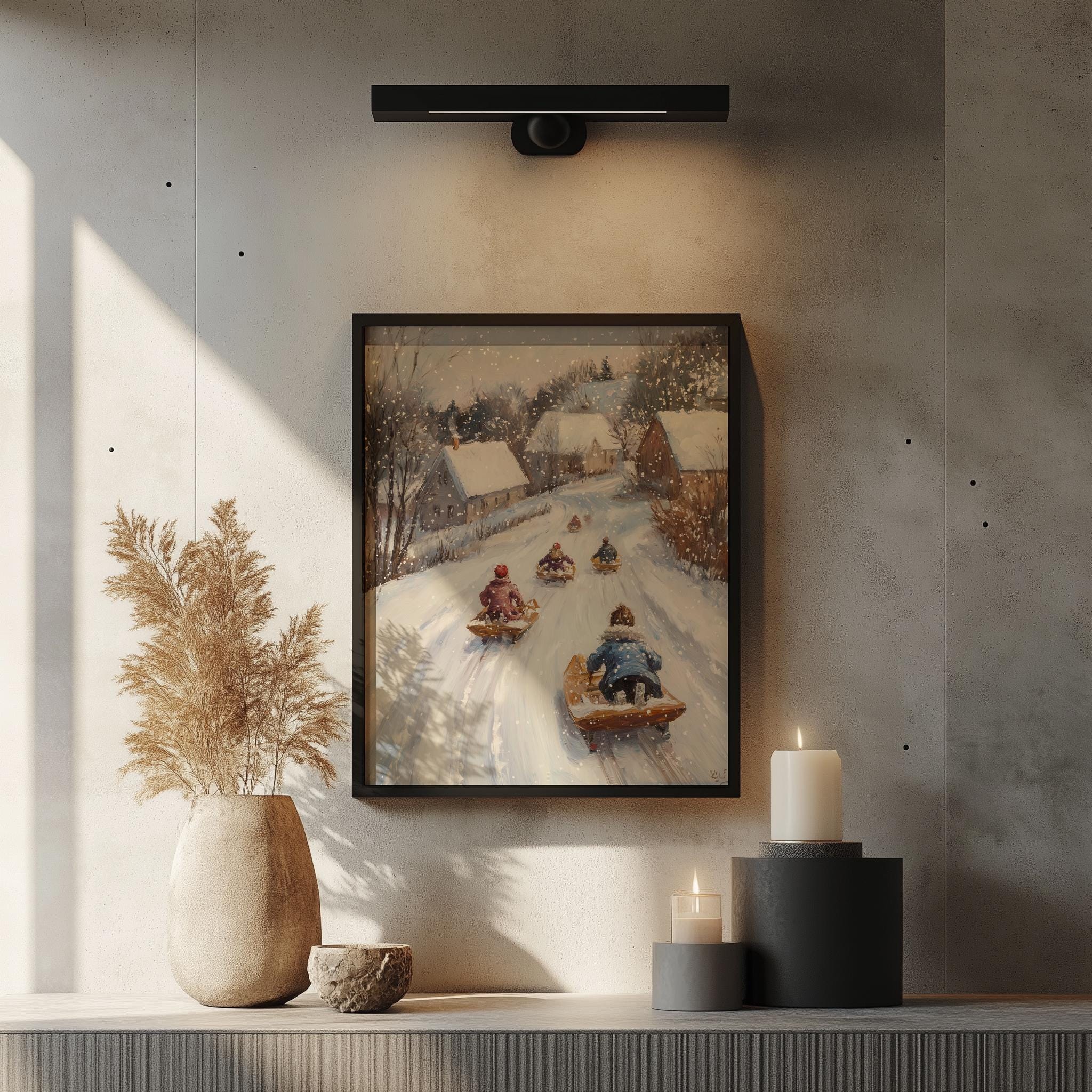 Winter Painting of Kids Sledding - Cozy Nostalgic Landscape Art, Rustic ...
