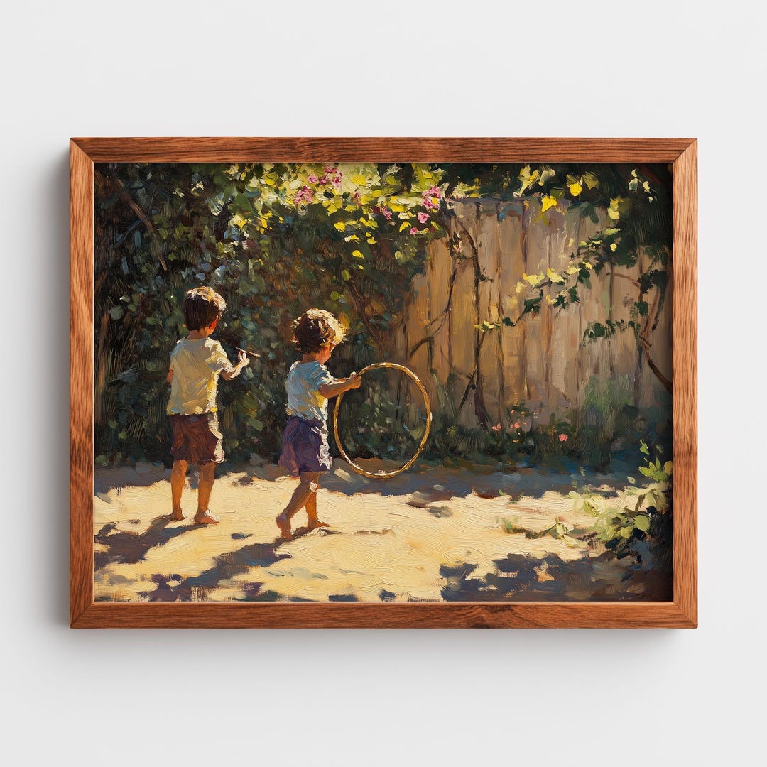 Vintage Cottagecore Children Playing Art - Warm Pastoral Scene, Rustic ...