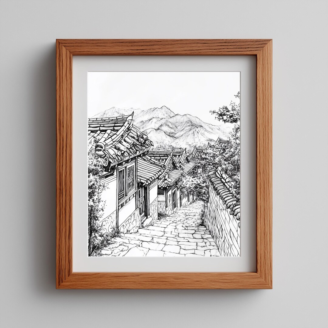 Korean Hanok Village Street Ink Drawing, Vintage Architecture Wall Art ...