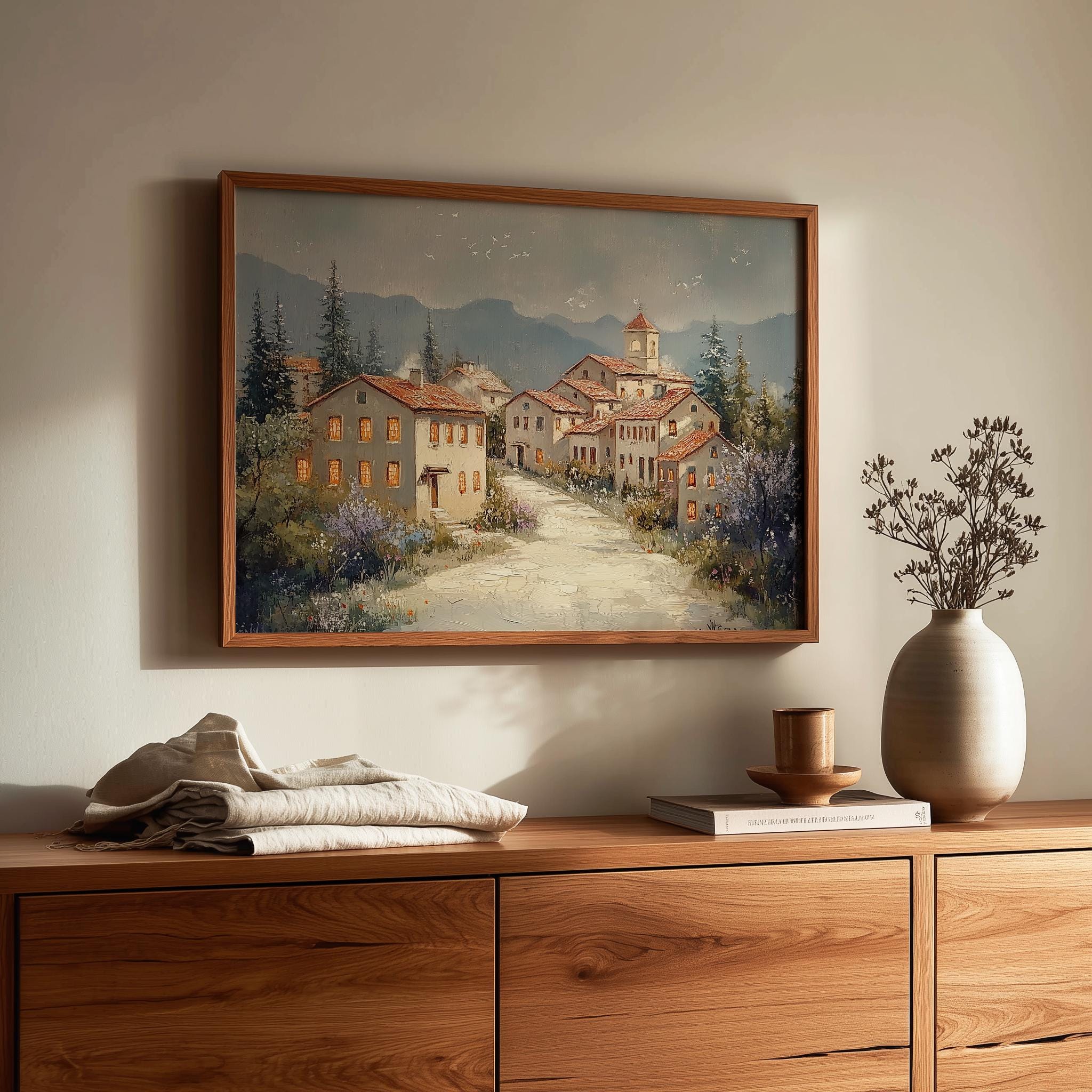 Rustic Village in Twilight Printable - Cozy Cottagecore Landscape ...