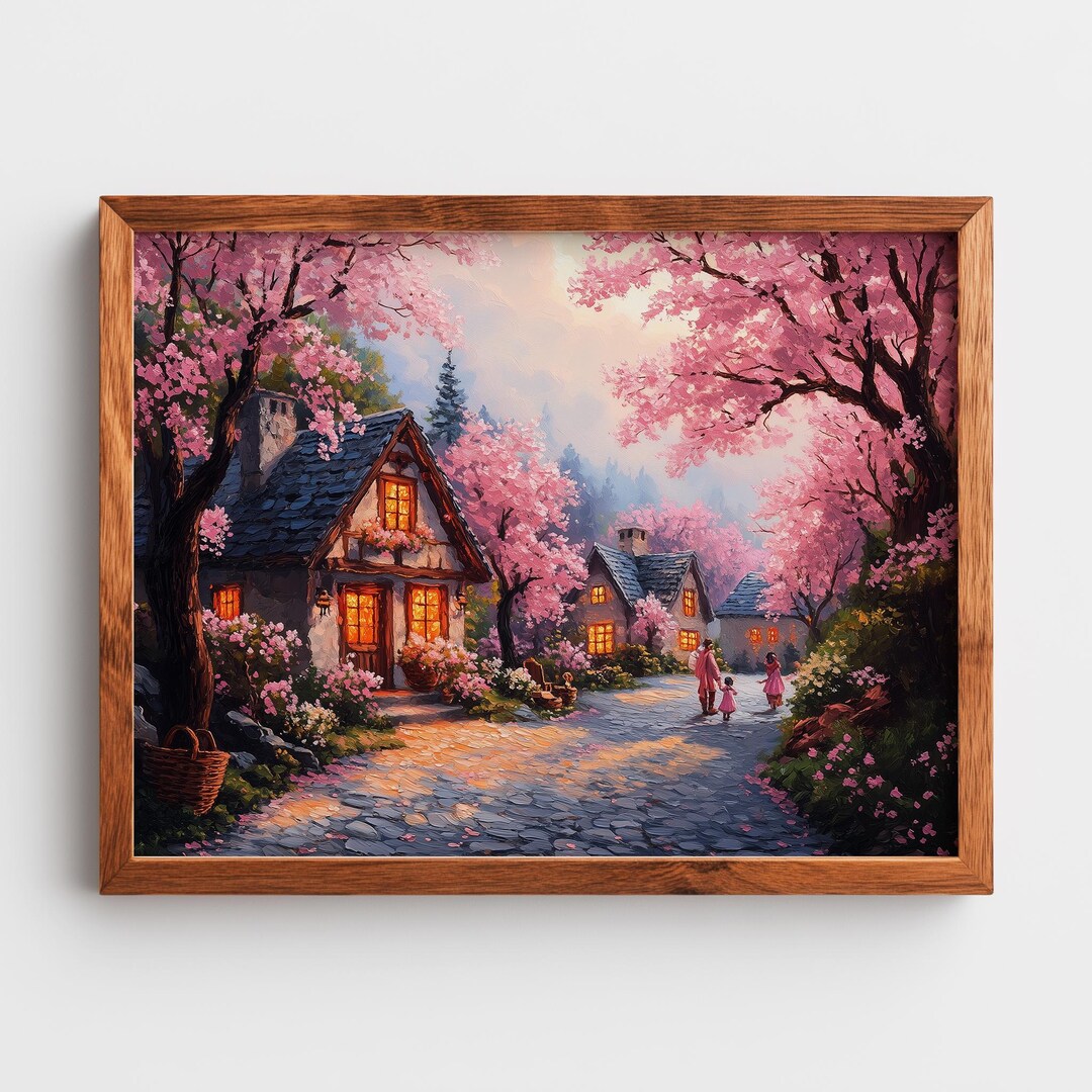 Rustic Spring Village Cozy Cottage Scene - Vintage Cobblestone Lane ...