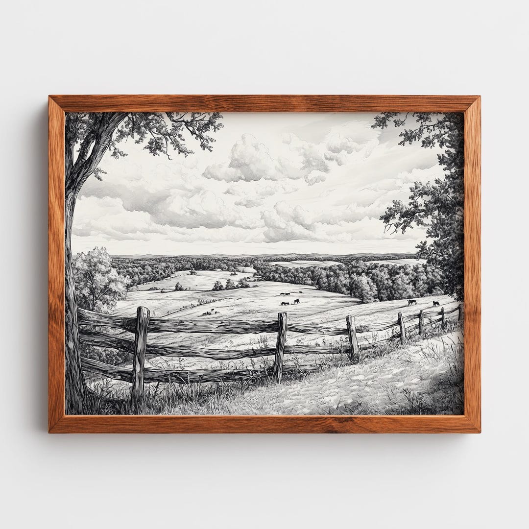 Monochrome Pastoral Farm Landscape, Printable Rustic Country Scene ...
