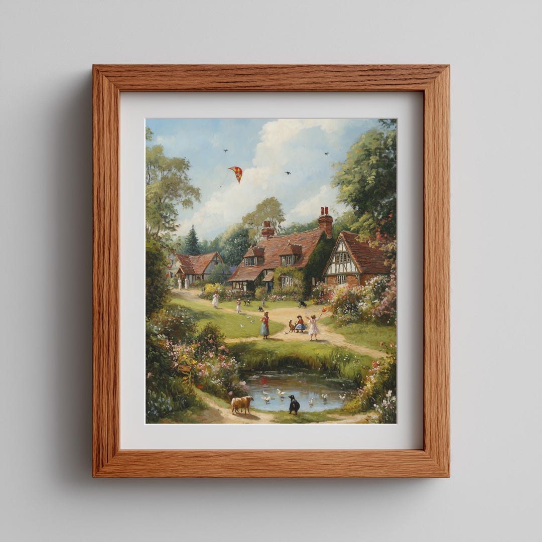 Cottagecore Village Scene Painting, Idyllic Countryside Illustration ...