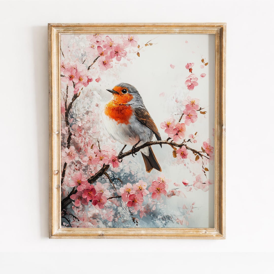 Spring Robin on Cherry Blossom Branch, Cottagecore Watercolor Art ...