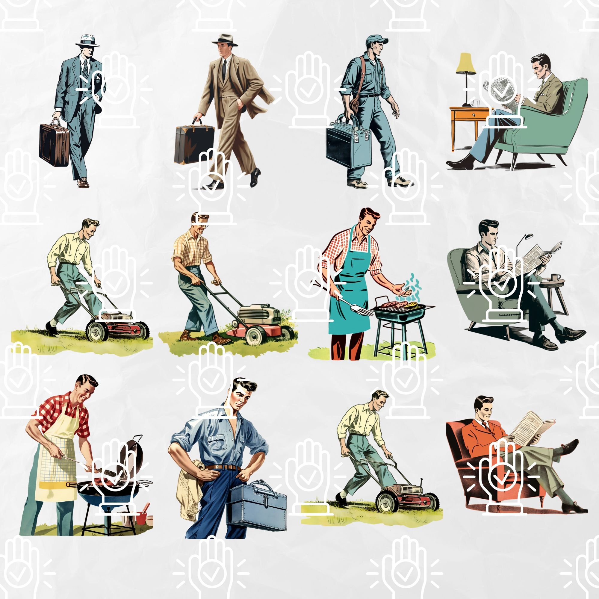 1950s Man Clip Art Bundle, Retro Male Illustrations, Work, Mowing ...