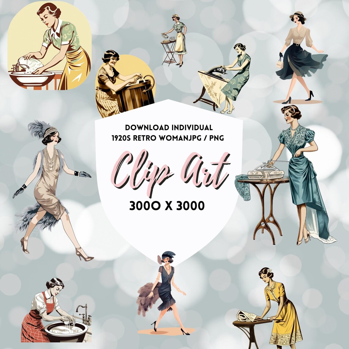 Clip Art Retro Woman 1920 Vector Art Vintage Homemaker PNG Housewife ...