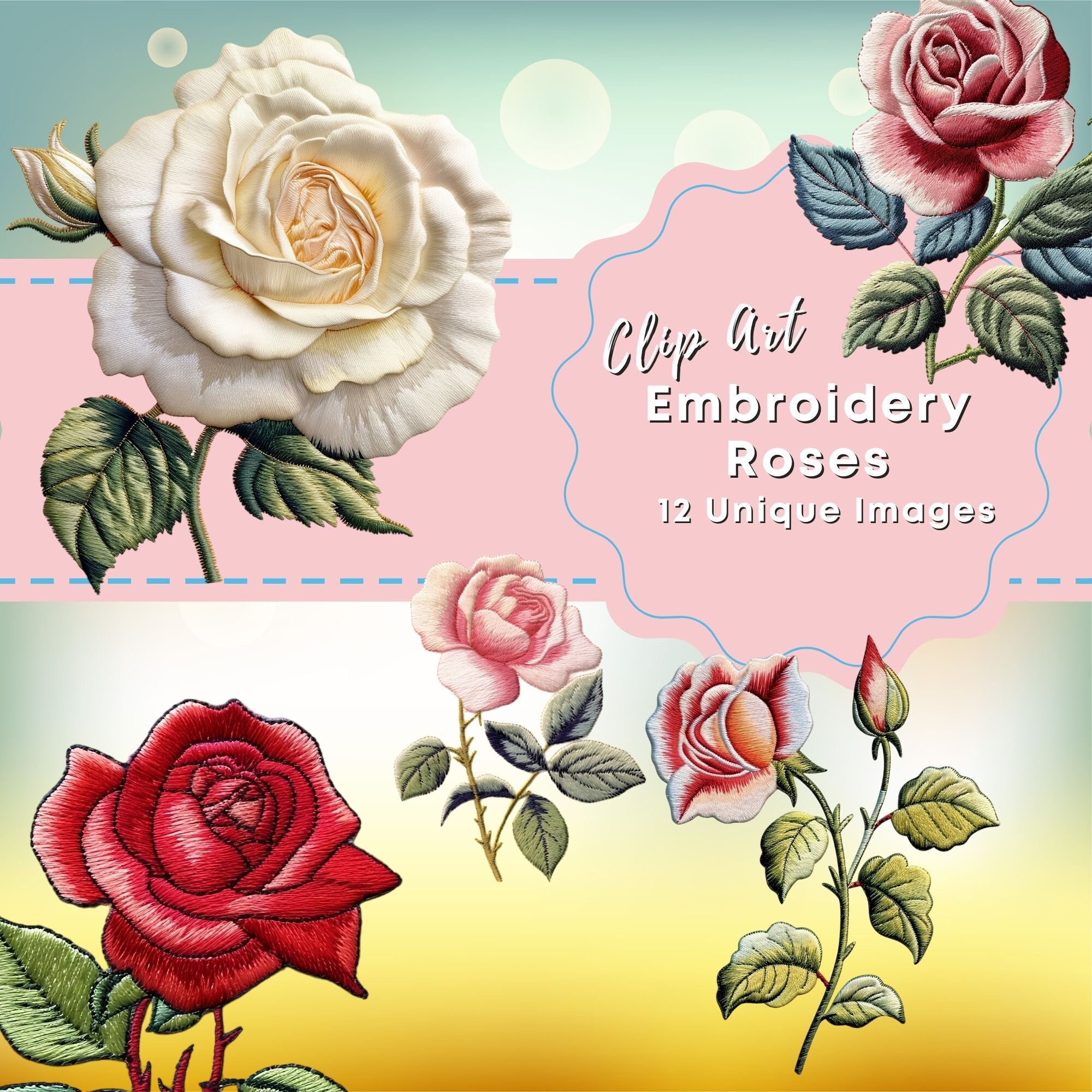 Embroidery Rose Clip Art, Embroidery Cottage Core Flowers, Boho Floral ...