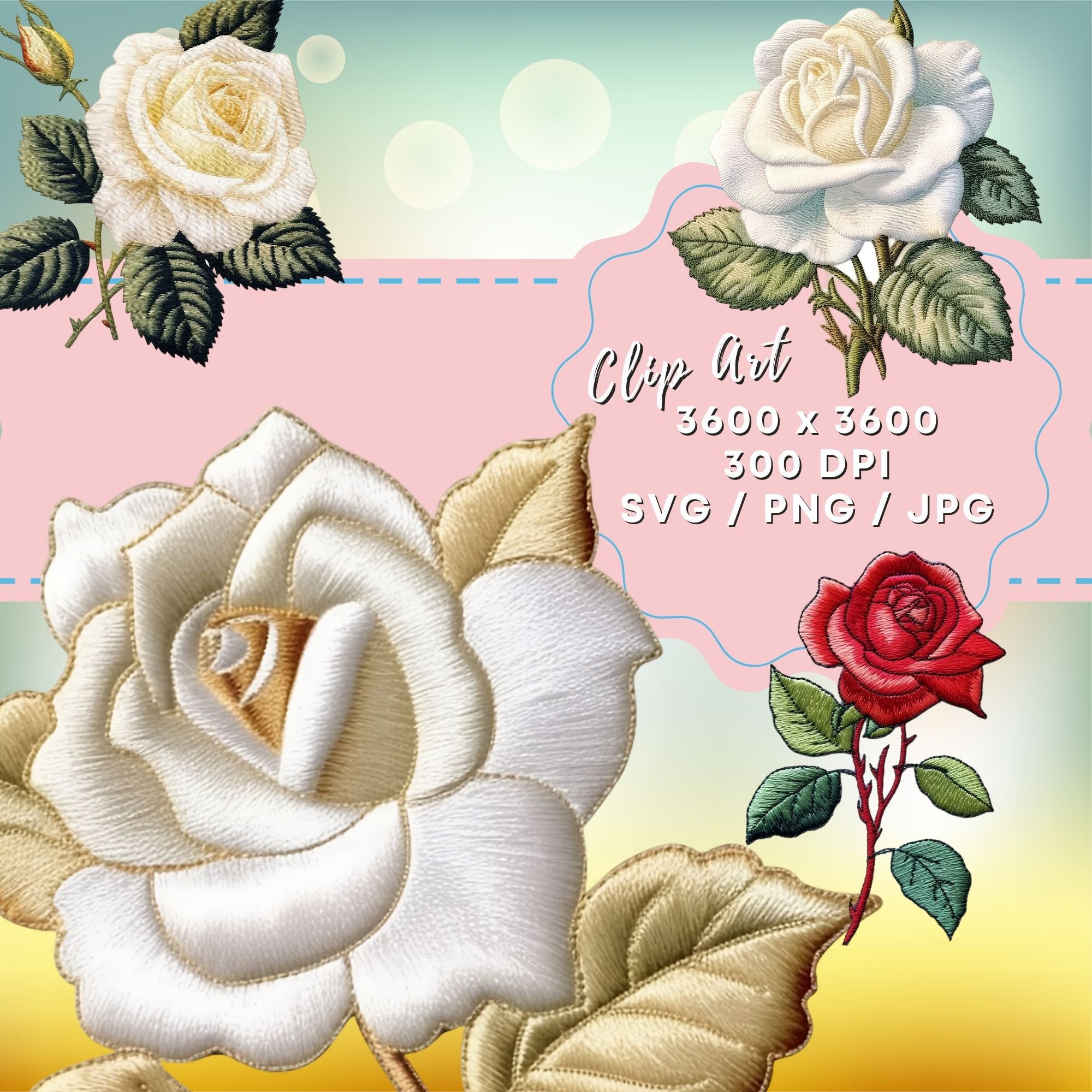 Embroidery Rose Clip Art, Embroidery Cottage Core Flowers, Boho Floral ...