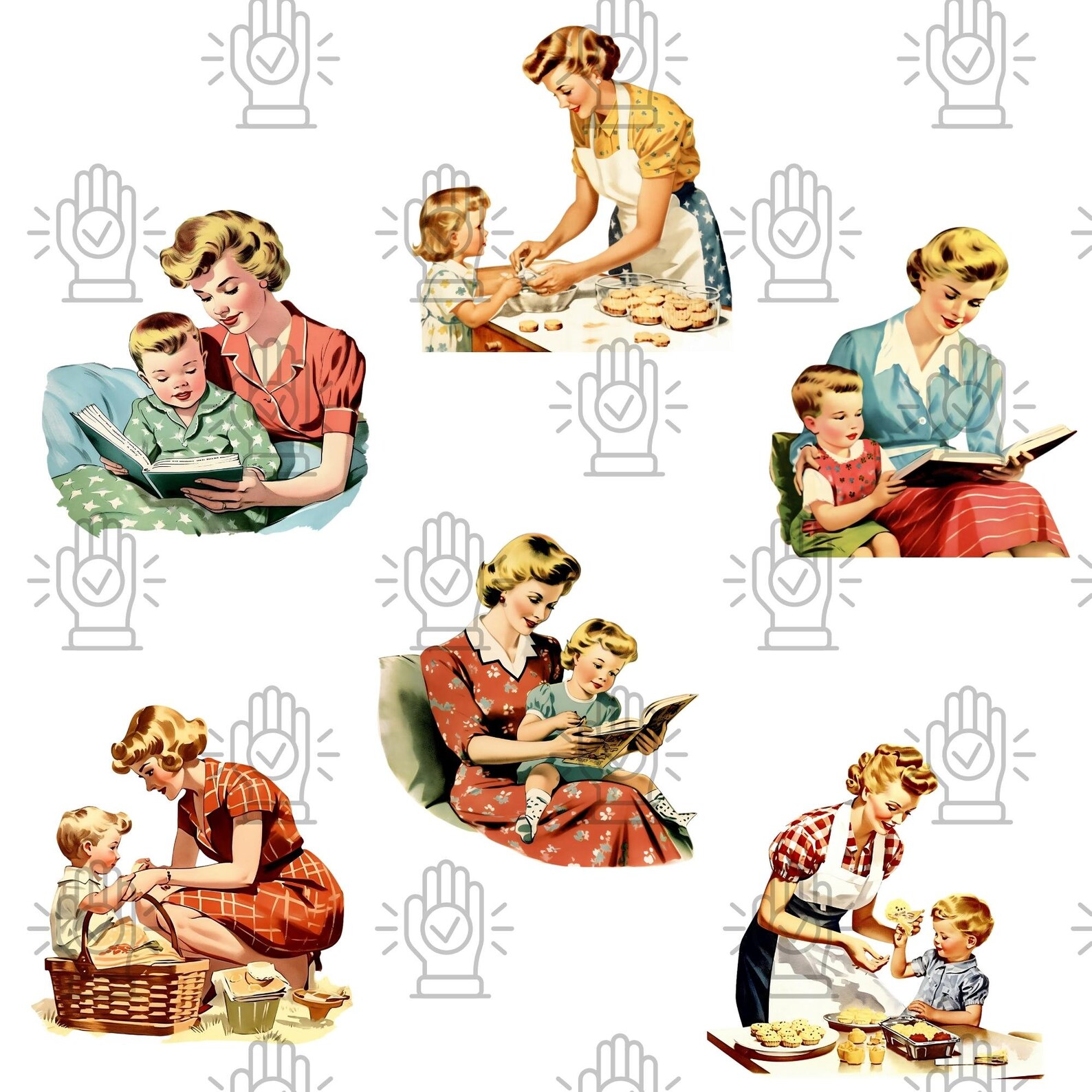 1950s Mom Clip Art, Retro Mother & Child Moments, Baking, Bedtime Story ...