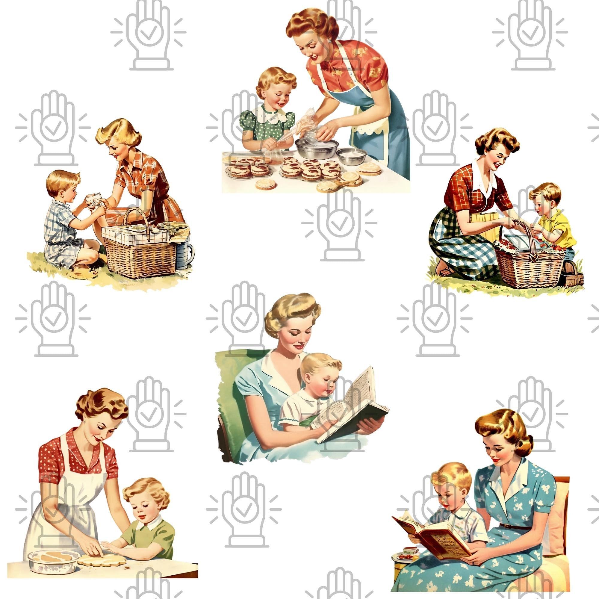 1950s Mom Clip Art, Retro Mother & Child Moments, Baking, Bedtime Story ...